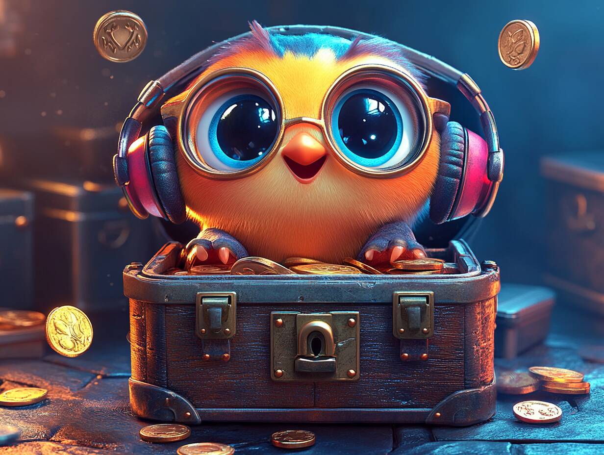 Treasure chest overflowing with coins and gadgets
